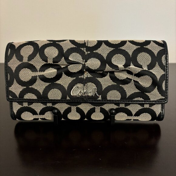 Coach | Bags | Coach Signature Black Gray Jacquard Checkbook Wallet ...